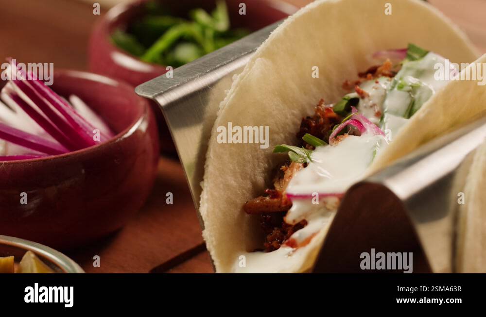 Traditional mexican food tacos with meat and many various of vegetables ...