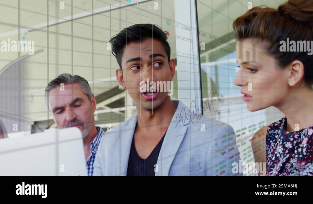 Animation of infographic interface over diverse businessman explaining ...