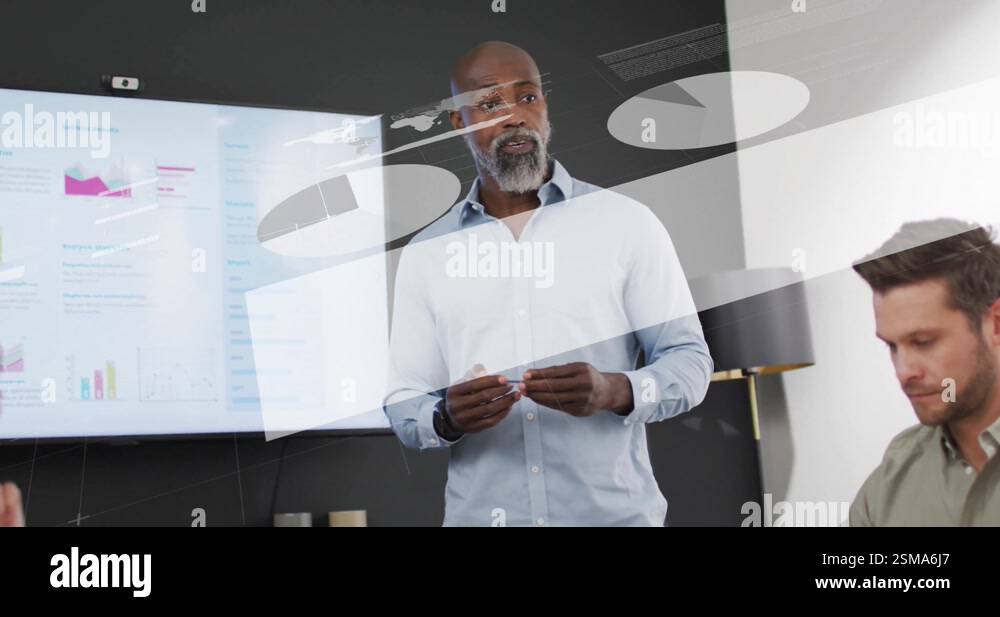 Animation of infographic interface and diverse manager explaining ...