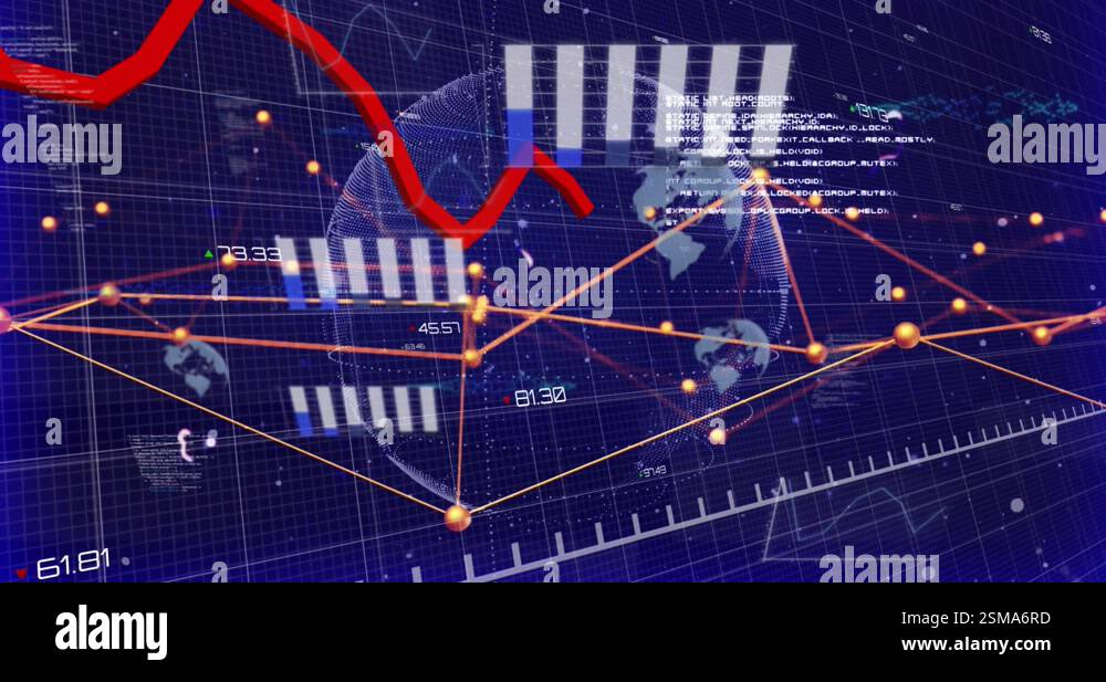 Animation of red line graph showing loss over globe with connected dots ...