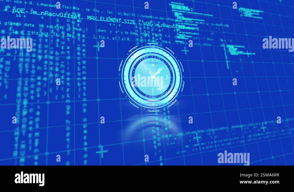 Animation of digital clock, grid pattern and computer language over ...