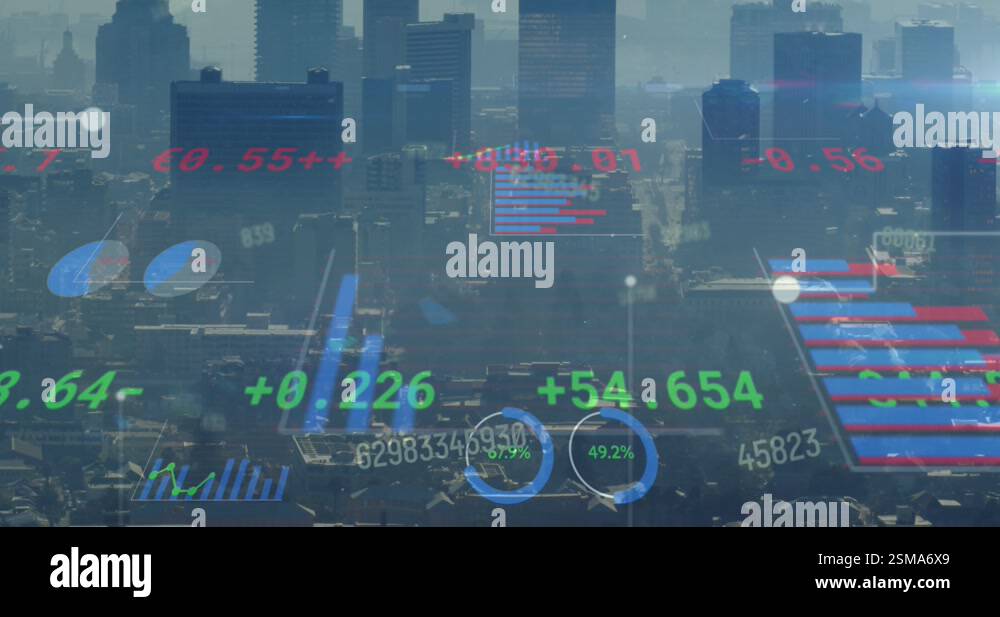 Animation of graphs, changing numbers and trading board over aerial ...