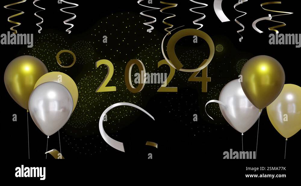 Animation of gold and silver balloons with 2024 and party streamers on ...