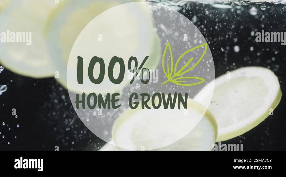 Animation of 100 percent home grown text over fruit falling in water ...