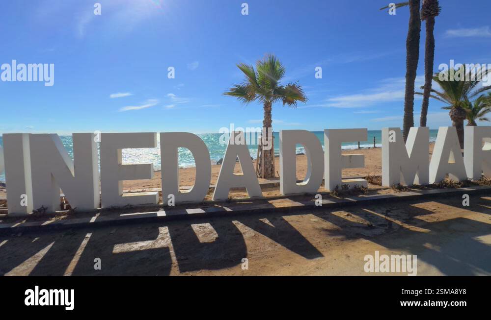 sign with large letters of Pineda de Mar, on the Costa Brava del ...