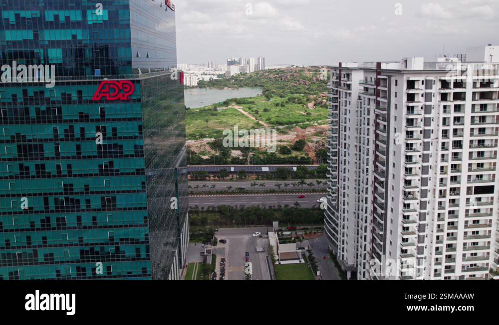 khajaguda lake reveal shot, drone push in between two buildings at ...