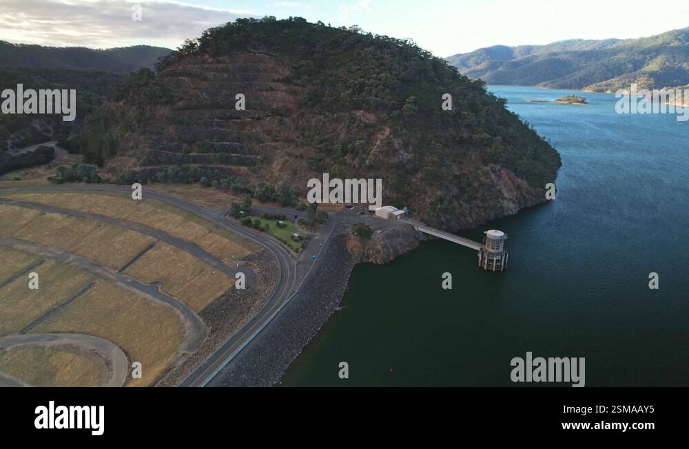 Over the dam wall and towards the intake tower at Lake Eildon, Victoria ...