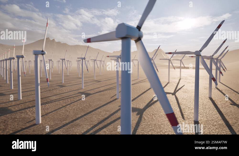Wind turbines farm in the desert at sunset, 3D animation, animated ...