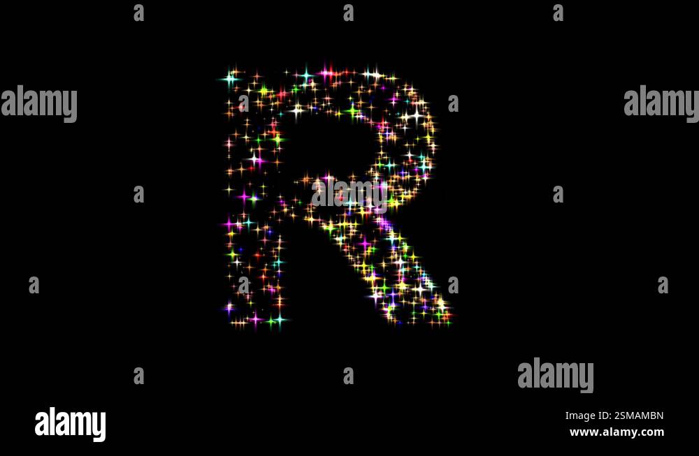English alphabet R with colorful glitter sparkles on plain black ...