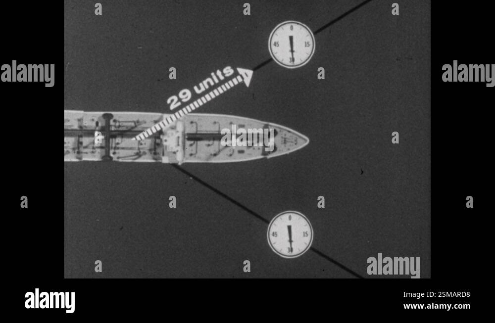 1960s: Animated arrows and text appears over strings on model ship. Arrow points Stock Video ...