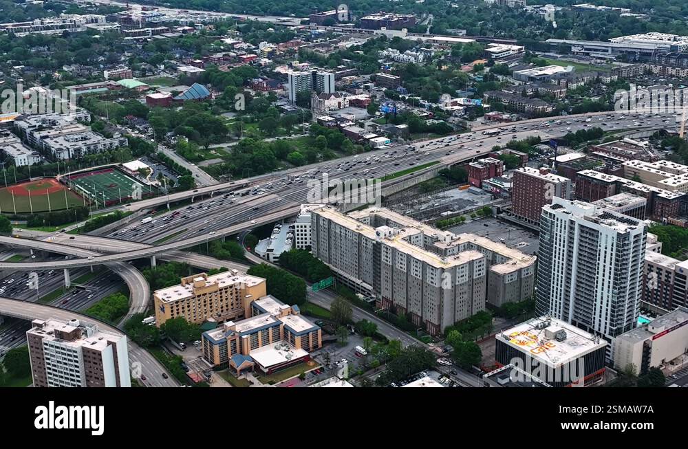 Panoramic aerial view of Downtown Atlanta expressway traffic, Georgia ...