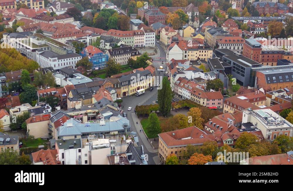 Wonderful aerial top view flight Goethe House Weimar Historic city ...