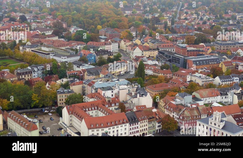 Dramatic aerial top view flight denser Goethe House Weimar Historic ...