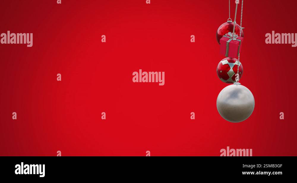 Animation of hanging baubles, star and gift box swinging against red ...