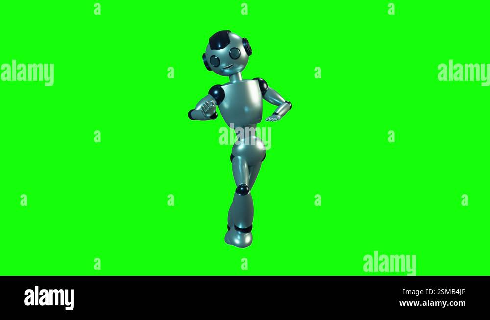 Smiling happy toy robot dancing 3d render green screen loop seamless ...