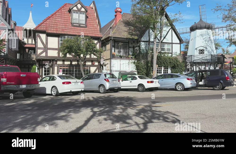 Solvang a town with danish architecture. Quiet street with tree shadows ...
