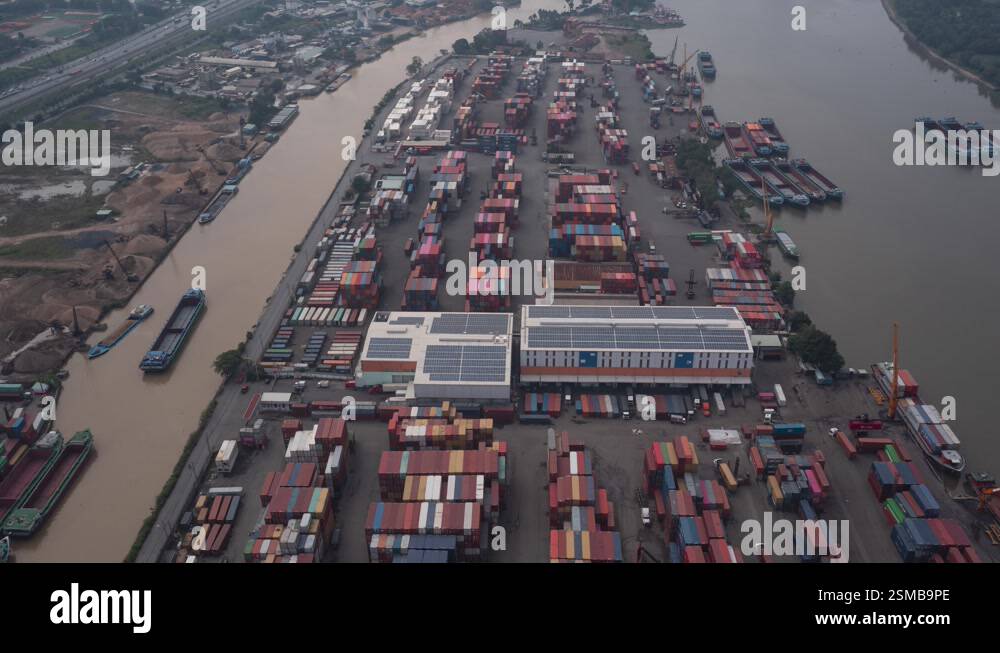 Hyperlapse over Saigon River container port in Ho Chi Minh City ...