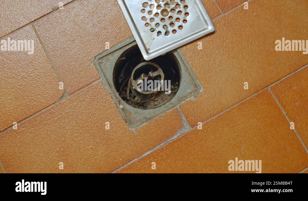 Dirty old water floor drain with opened strainer, brown tiles flooring ...