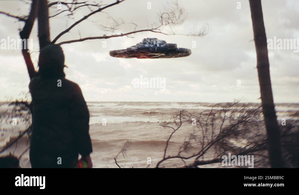 Realistic UFO Hovering Over Ocean with a Witness. 3D Animation Render ...