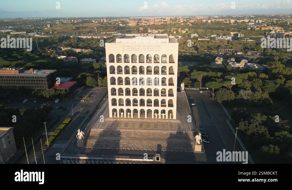 Orbiting Drone Shot Above Palazzo della Civilta Italiana. Rome's EUR ...