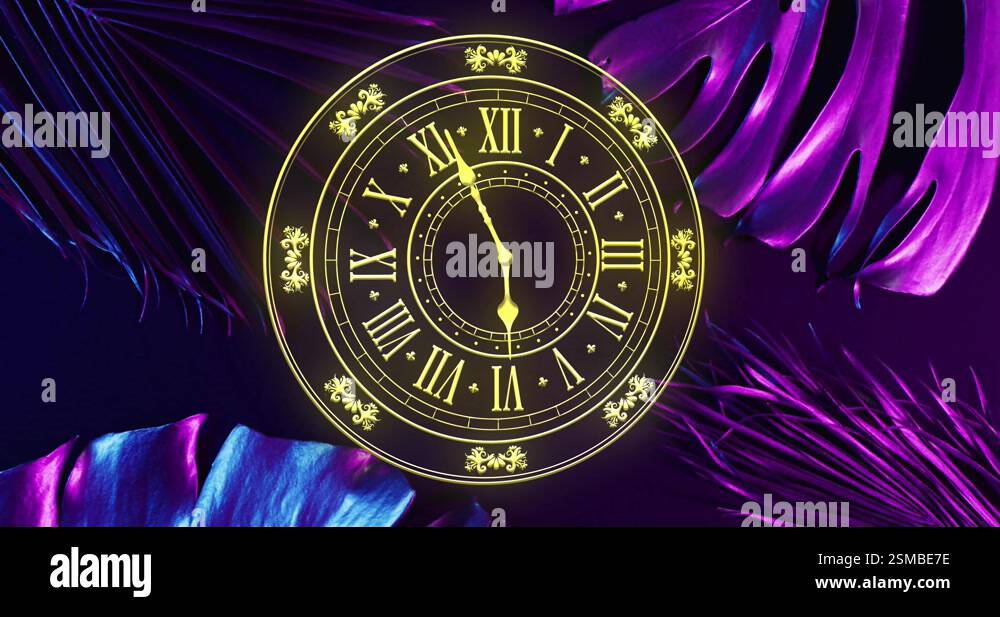 Animation of yellow clock with fast moving hands over blue and purple ...