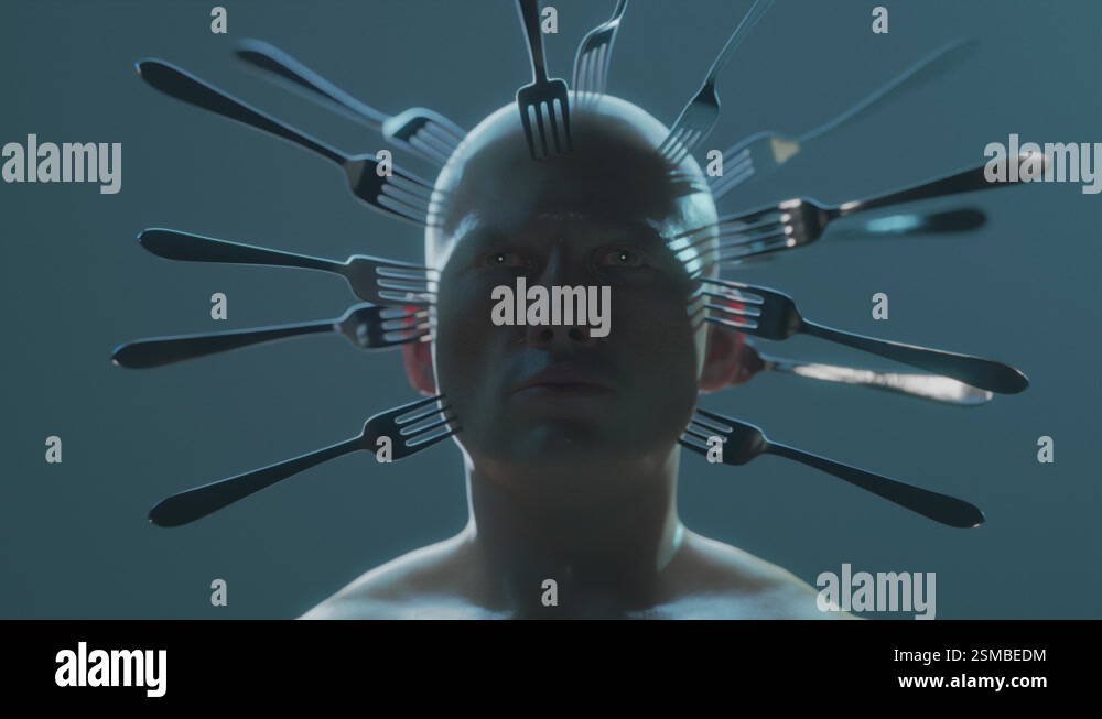 Close up of a serious bald man with metal forks stuck into his head ...