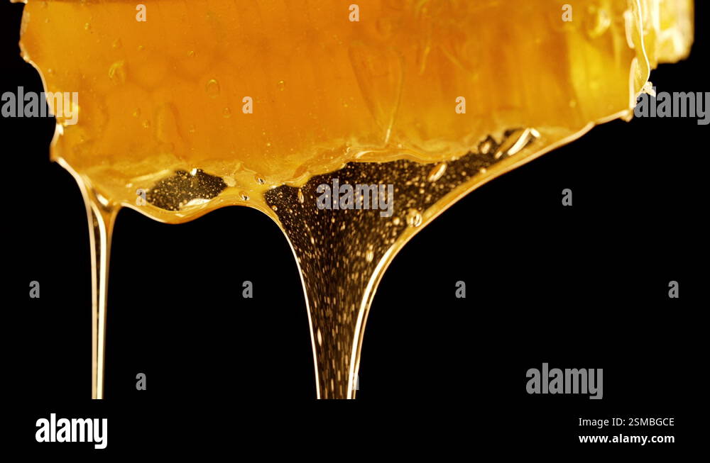 Honey dripping from honeycombs extreme macro.Natural bees wax cells ...
