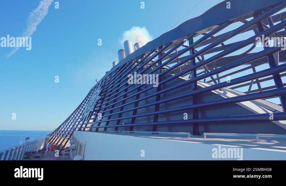 4k, panoramic view of roof and Funnel of the MSC Splendida cruise ship ...