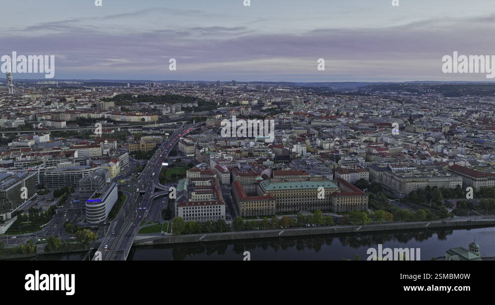 Prague Czechia Aerial v68 drone flyover Vltava river and Stvanice ...
