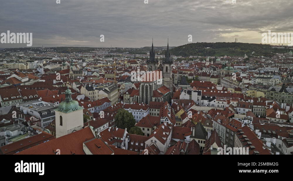 Prague Czechia Aerial v110 flyover in between spires of Church of Our ...