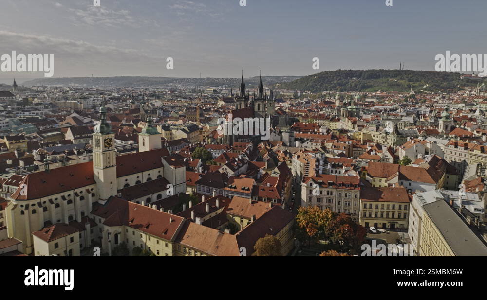 Prague Czechia Aerial v115 drone flyover Church of Our Lady before Týn ...