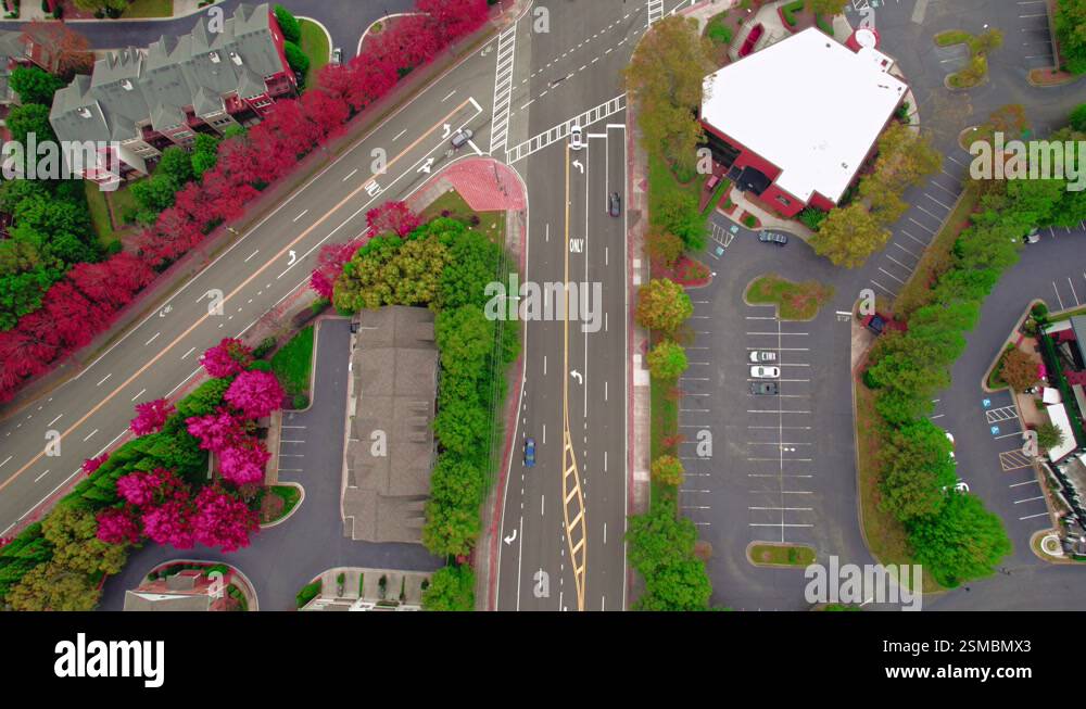 Bird's-eye view of an intersection in the Atlanta, Georgia suburbs with ...