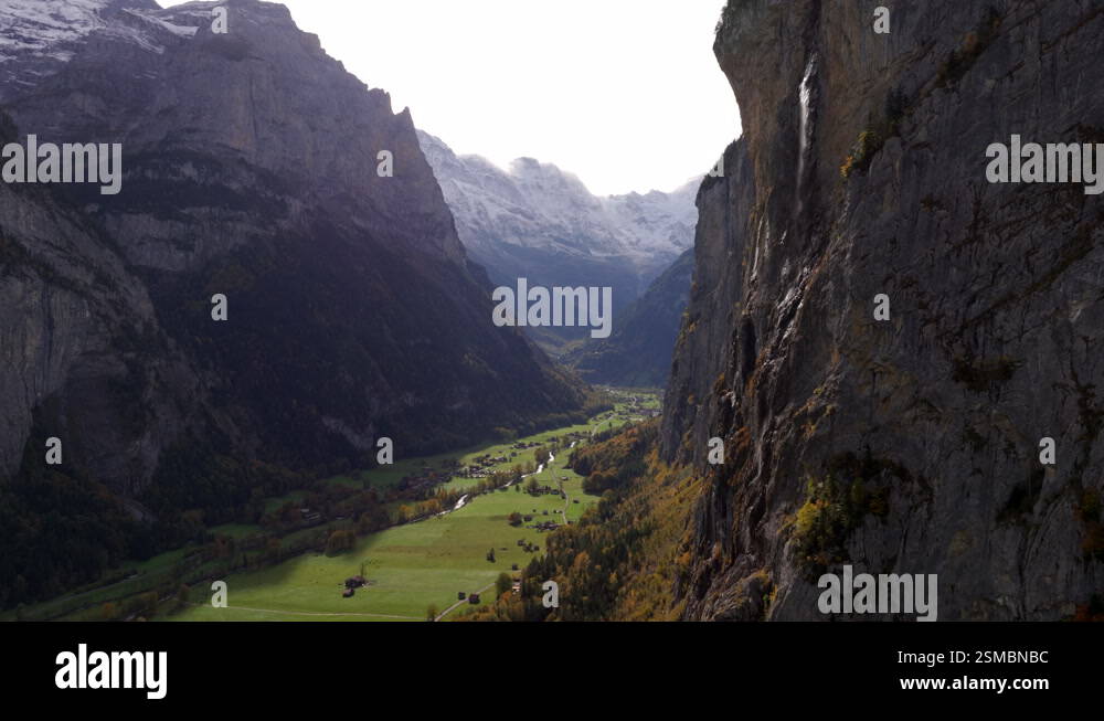 Swiss aerial footage. Lauterbrunnen's cascading waterfalls, Murren's ...