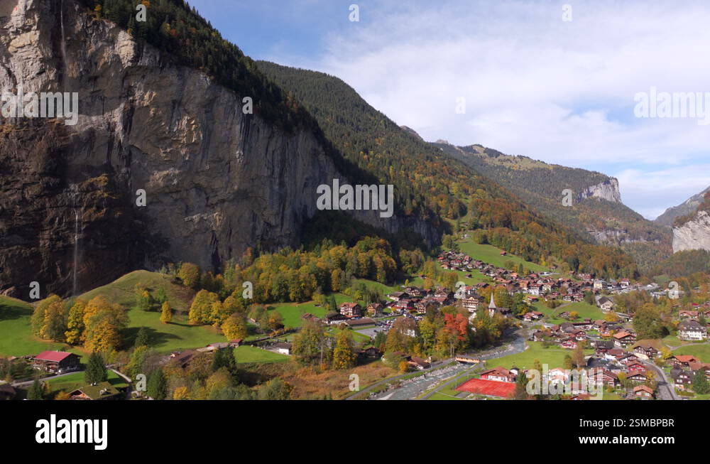 Swiss aerial footage. Lauterbrunnen's cascading waterfalls, Murren's ...