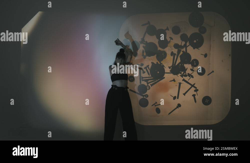 Woman dancing as backgrounds change through acetates, telling a Stock ...