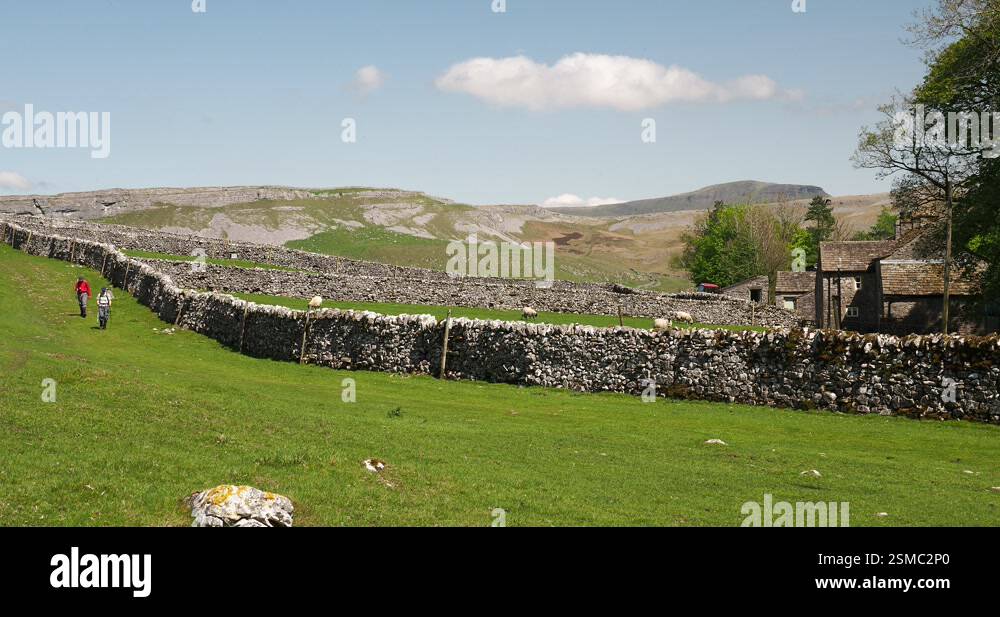 Crummackdale farm above Wharfe in the Yorkshire Dales, UK with hikers ...