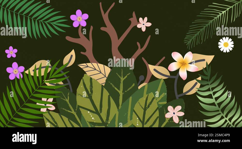 Animation of tree, flowers, green and yellow leaves and plants moving ...
