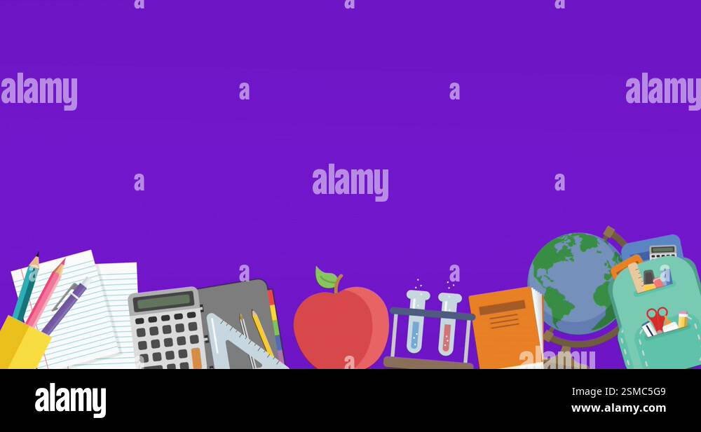 Animation of multiple school concept icons against purple background ...
