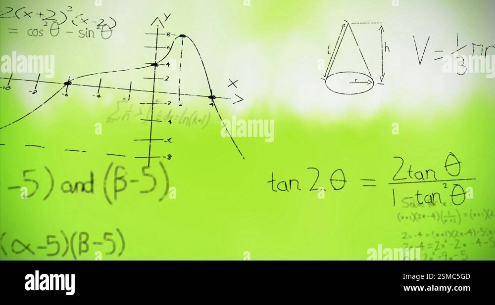 Animation of mathematical equations and diagrams floating against green ...