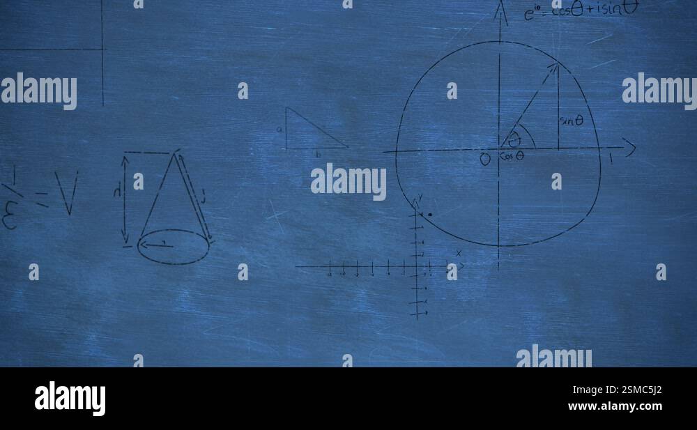Animation of mathematical equations and diagrams floating against blue ...