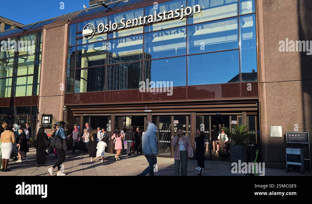 Oslo Central Station Exterior, People Going In and Out on Sunny Day, Norway Stock Video Footage ...