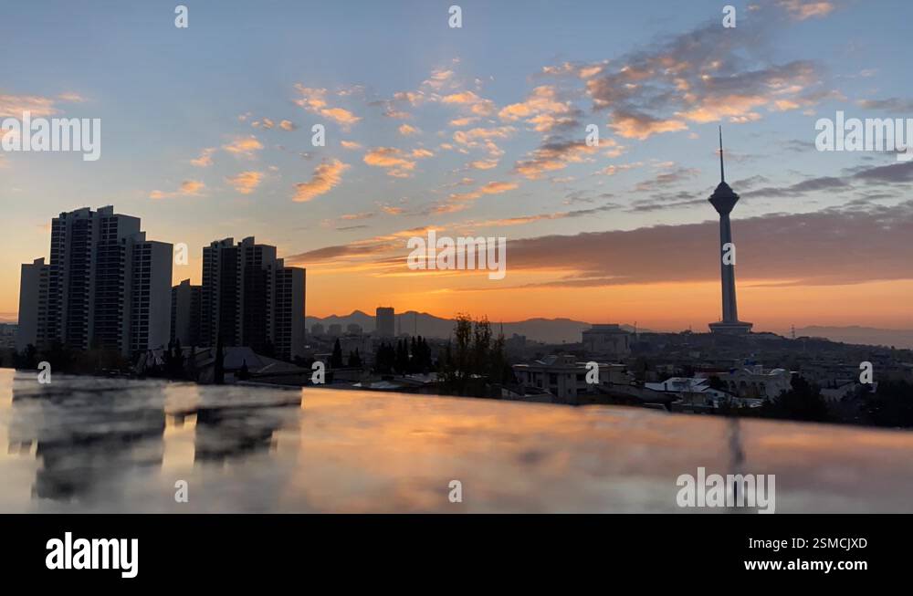 Sunrise Tehran Iran Early morning in Asia wide view landscape from city ...