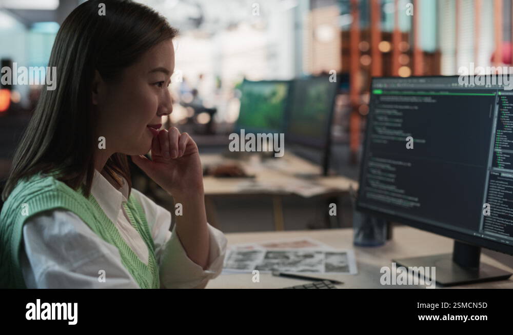 Female Asian Programmer Coding In Game Development Office Stock Video ...