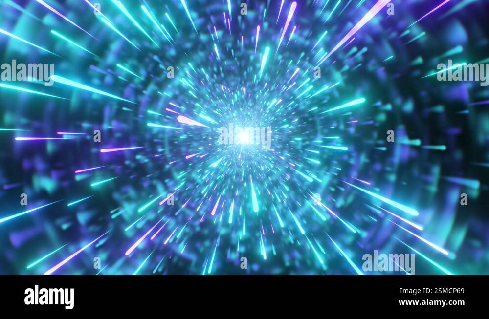 Neon Glowing Shooting Stars Fly At Light Speed In Reflection Cylinder ...