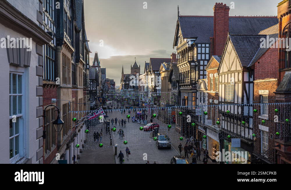 Chester city centre with black and white buildings and shops on ...