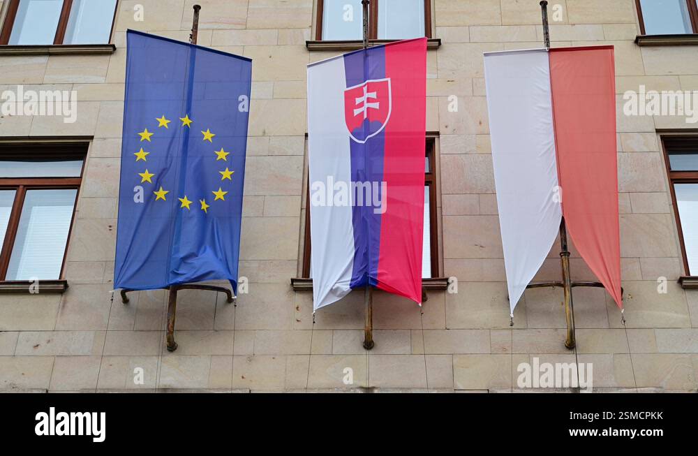Flags of the European Union EU, Slovakia and the city of Bratislava ...
