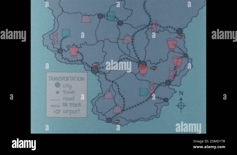 1980s: Transportation map, arrow pointing at legend. Industries ...