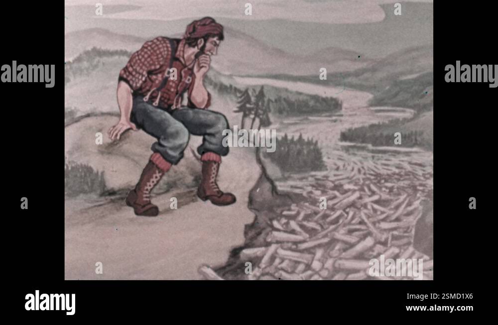 1960s: Logjam in river. Paul Bunyan looks at logjam. Cooks make popcorn ...