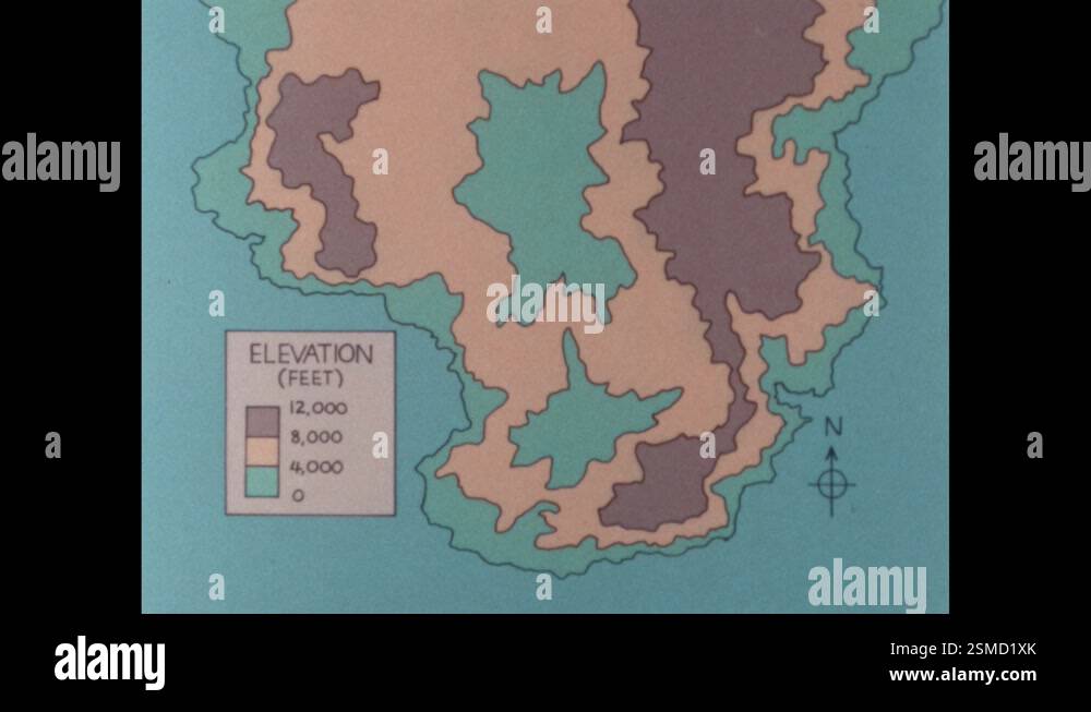 1980s: Map of the elevation of an area, levels in the legend pointed ...