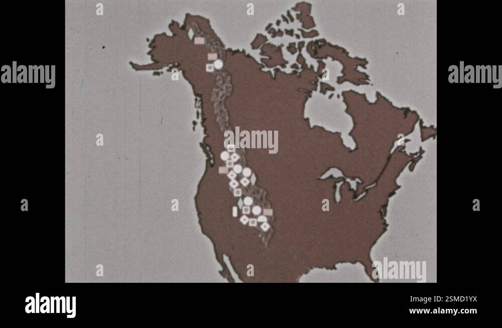 1960s: Map of the Rocky mountains in North America, symbols appear to ...